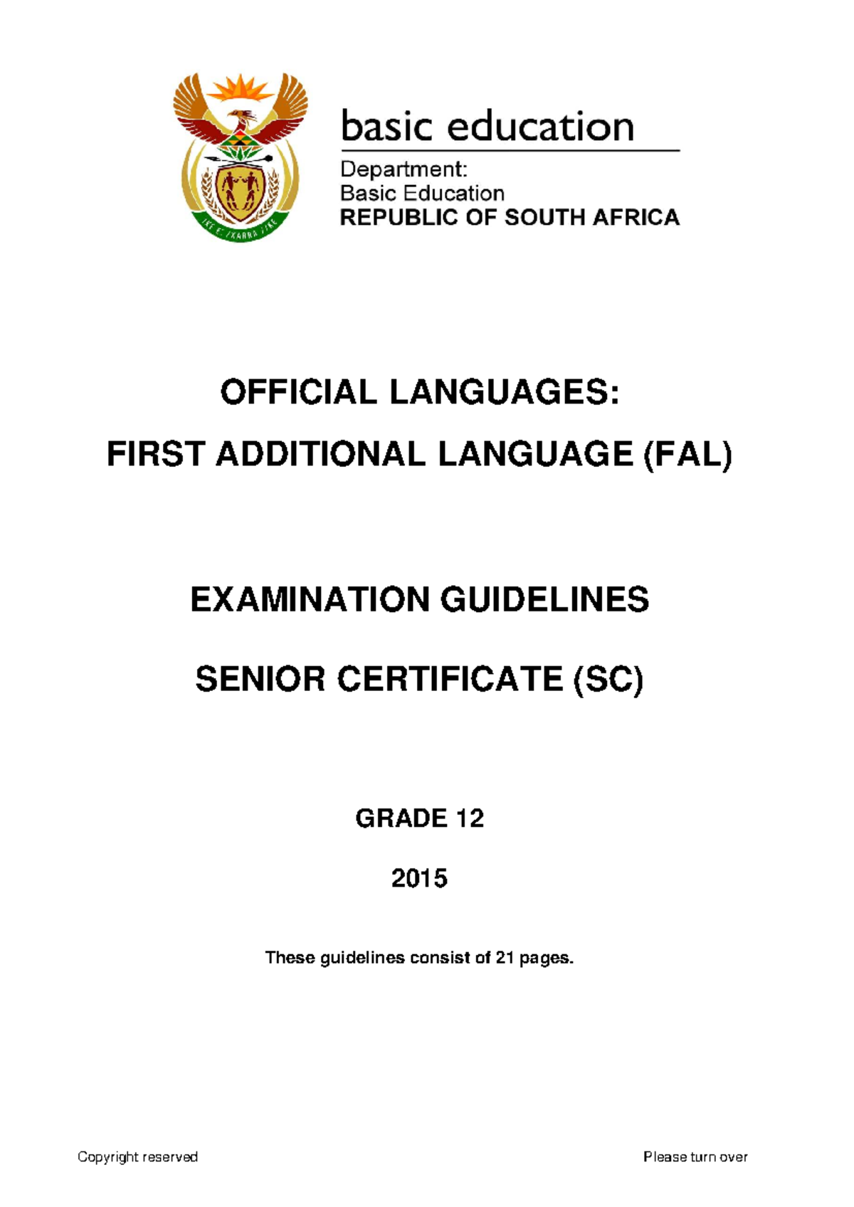 FAL GR 12 Exam Guidelines: Official Languages Examination 2015 - Studocu