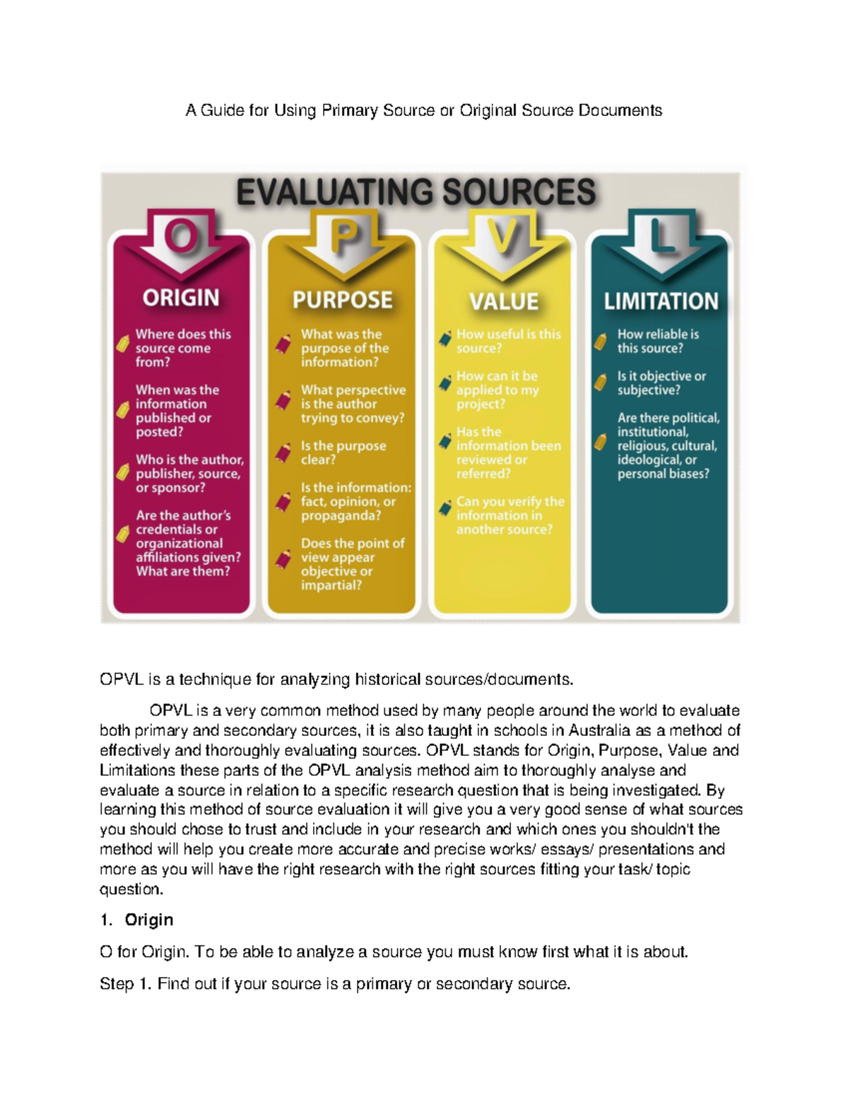 Opvlc-1 - HISTORY COURSE - A Guide for Using Primary Source or Original ...