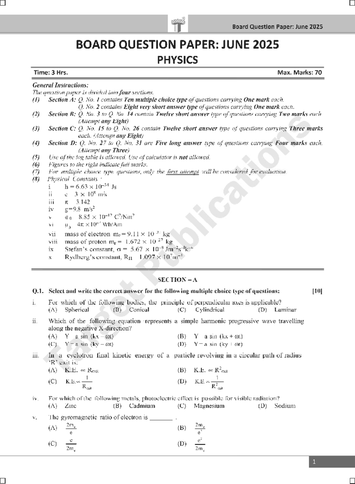 Board Question Paper: June 2025 Physics Exam (3 Hrs, 70 Marks) - Studocu
