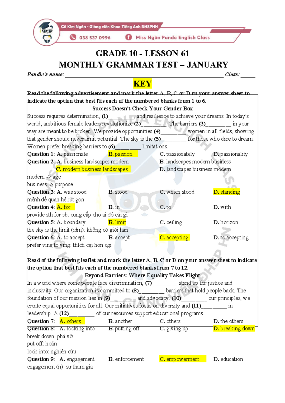 K10 L61 Monthly Grammar Test Key - January - Studocu