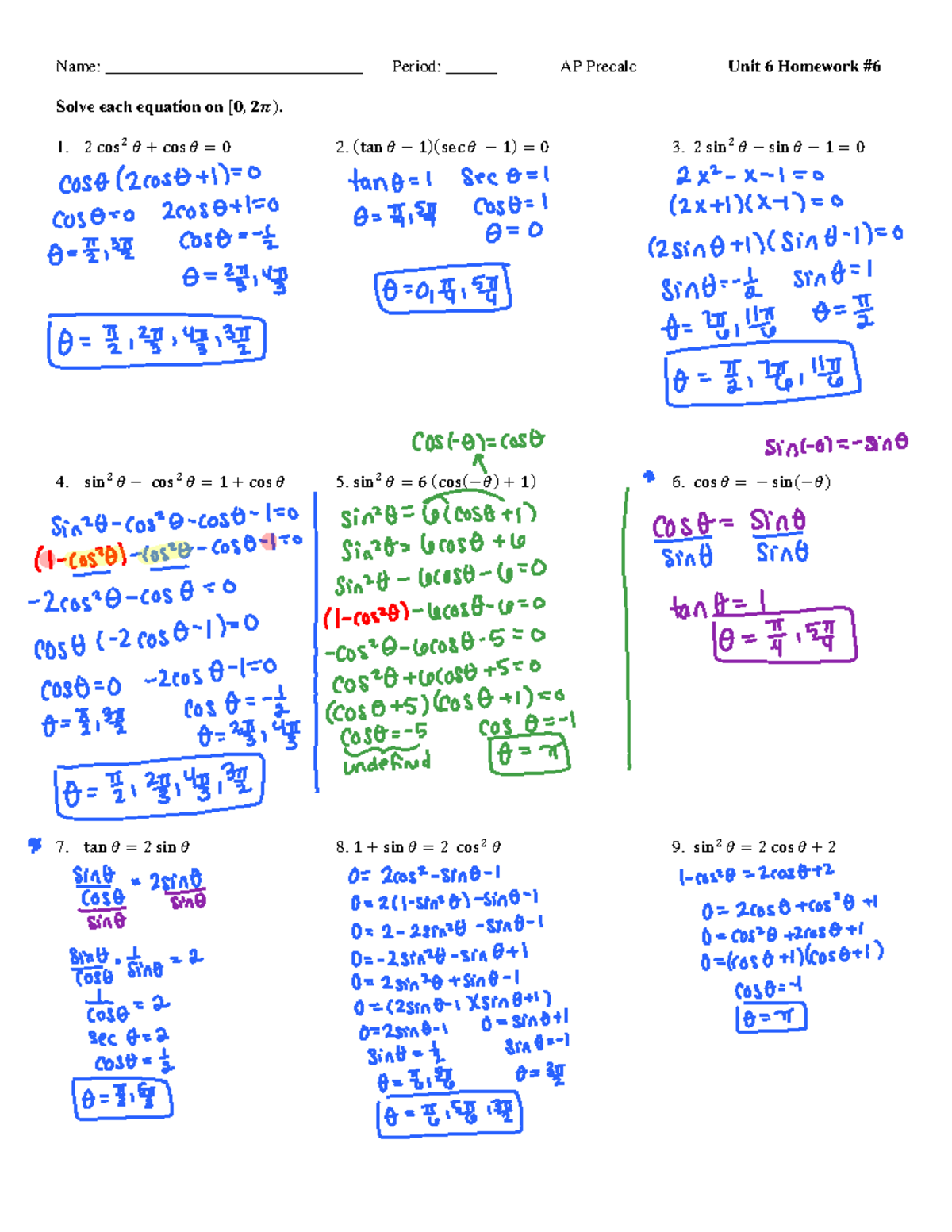 AP Precalc Unit 6 - HW #6 Answer Key: Pythagorean Identities - Studocu