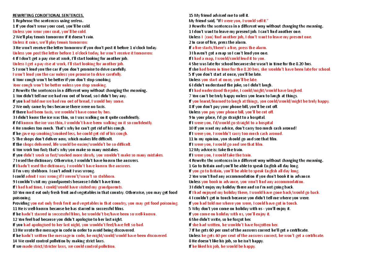 Conditionals Rewriting Solutions: Exercises and Answers - Studocu