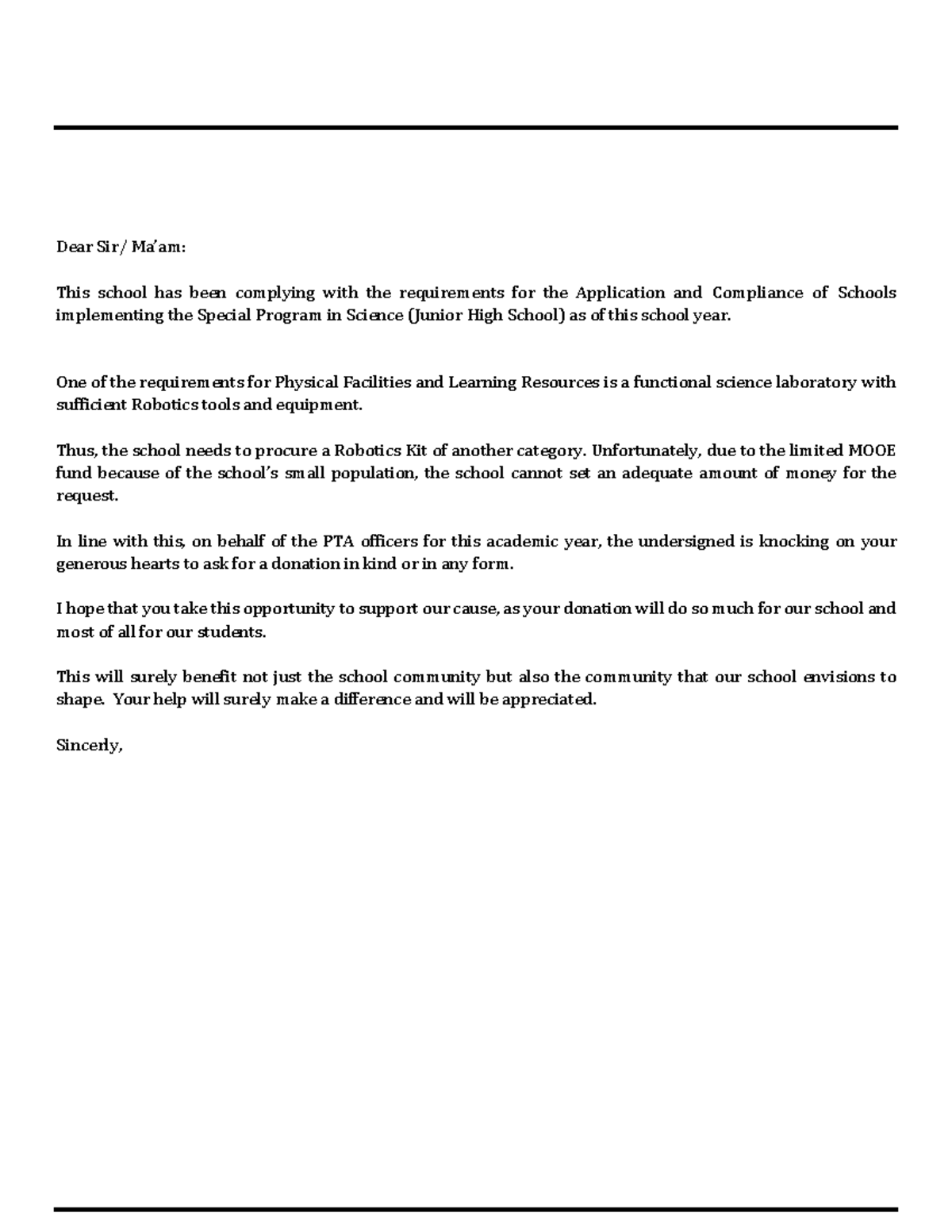 PTA Donation Request Letter for Robotics Kit Support - Studocu