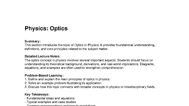 005 Physics: Optics Lecture Notes and Key Concepts Summary - Studocu