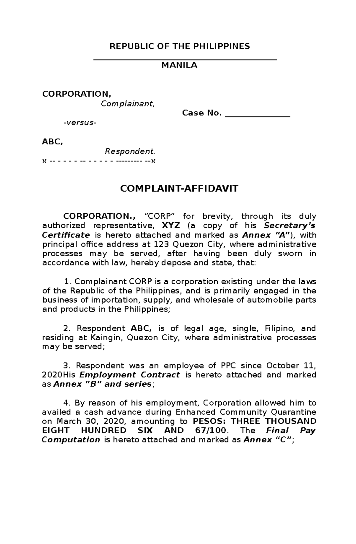 Complaint Affidavit Example for Corporate Dispute - Case No. ____ - Studocu