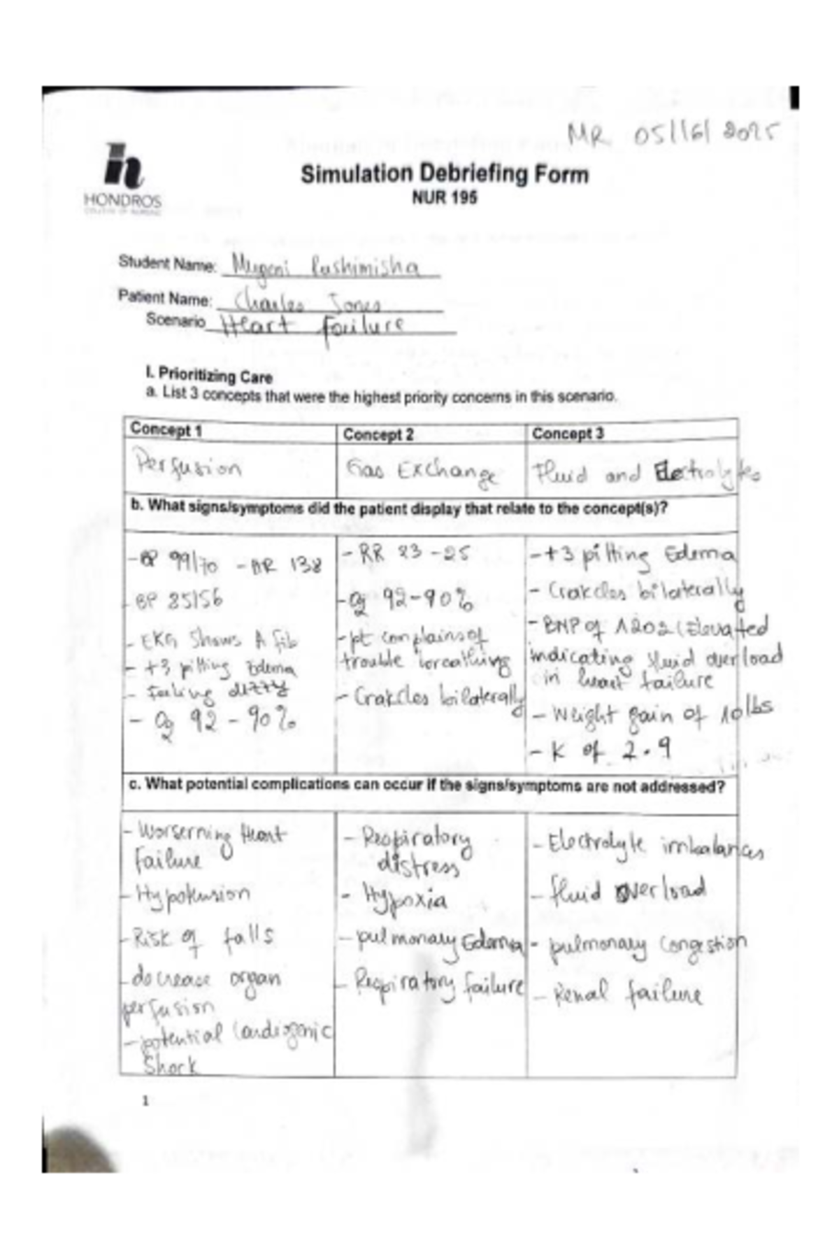MR 051161 2025 Simulation Debriefing Form for HONDROS NUR 195 - Studocu