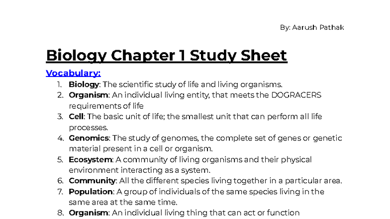 Biology 101: Chapter 1 Study Guide & Key Vocabulary - Studocu