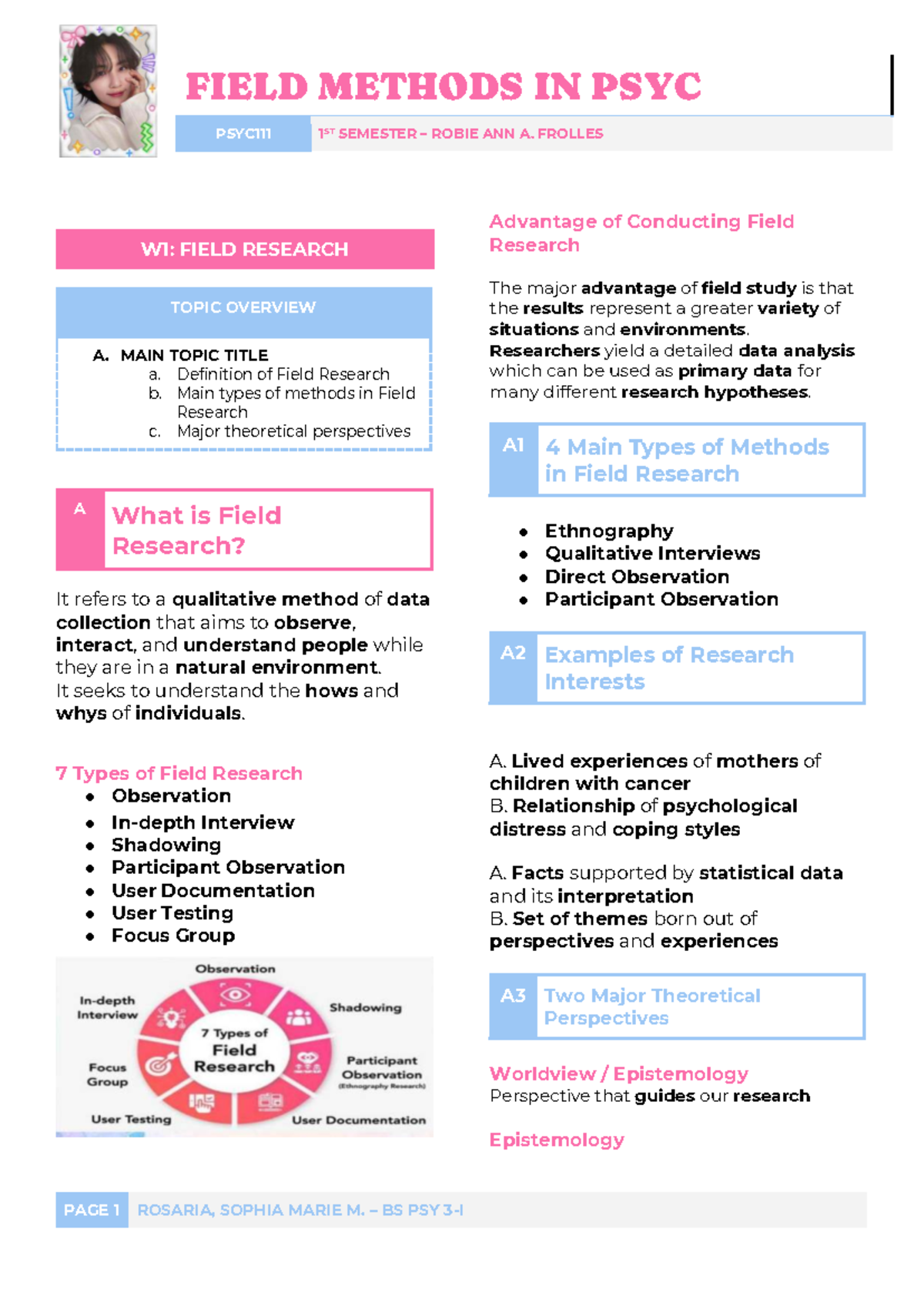 FIELD METHODS IN PSYC 1ST SEMESTER MIDTERM REVIEWER BY ROBIE ANN A. FROLLES - Studocu