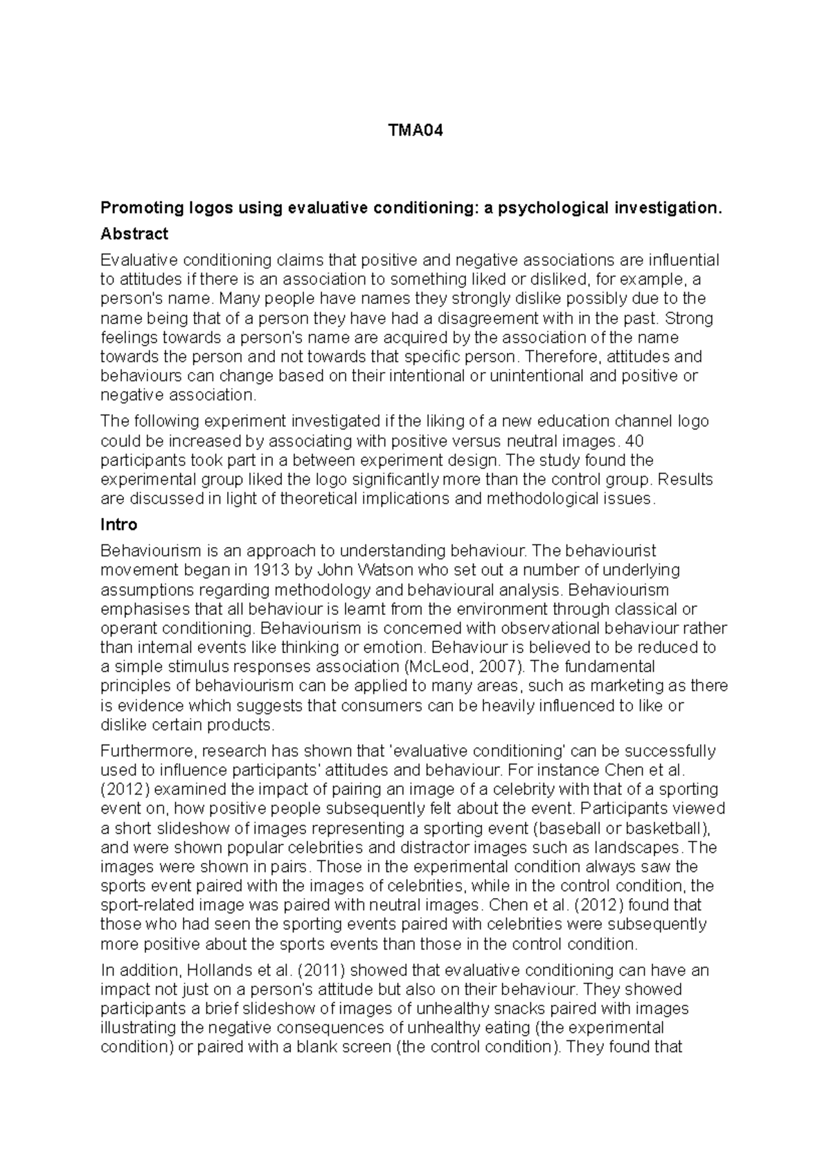 Evaluative Conditioning and Logo Preference: TMA04 Study Insights - Studocu