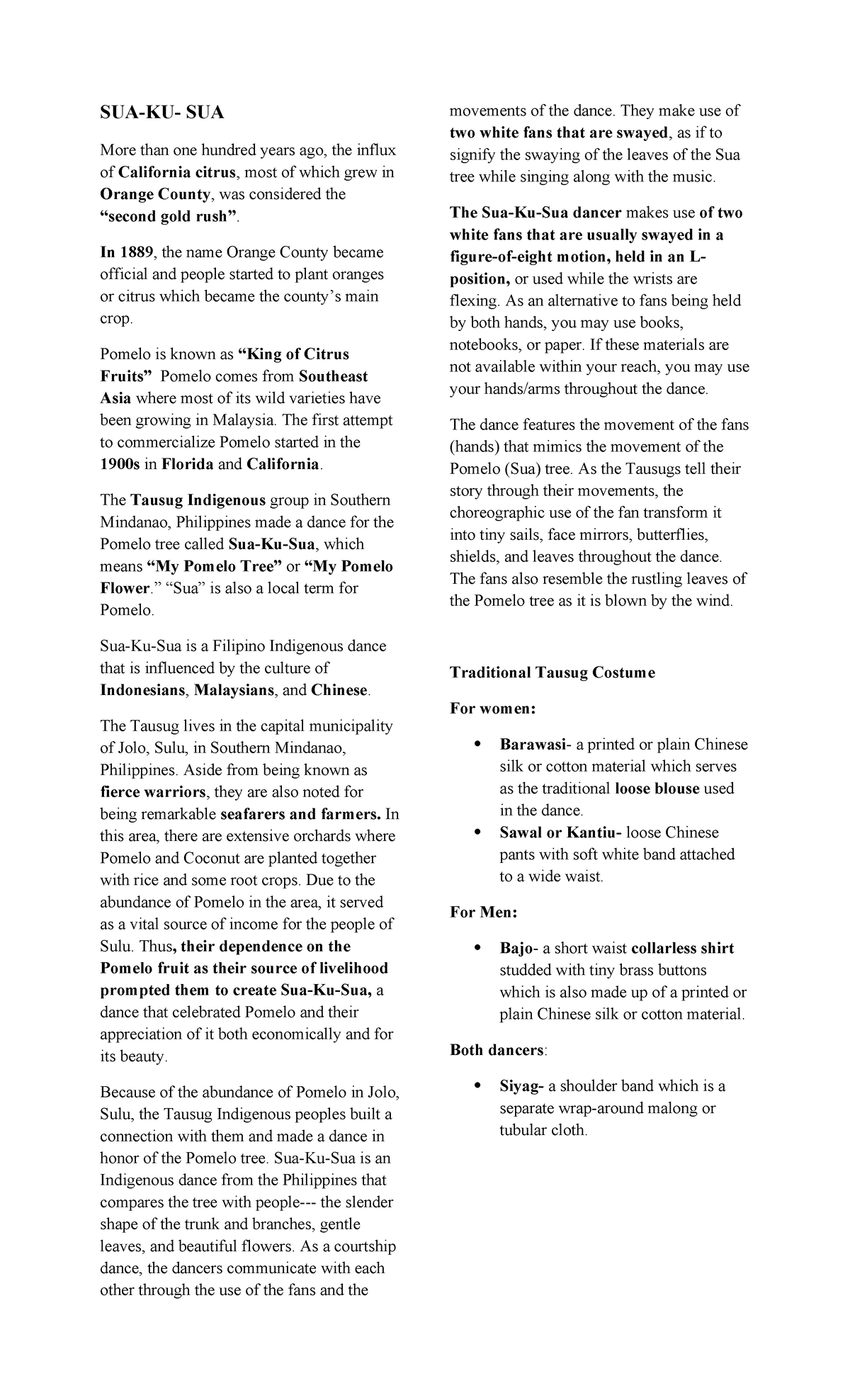 SUA-KU-SUA: The Pomelo Dance of the Tausug Indigenous People - Studocu