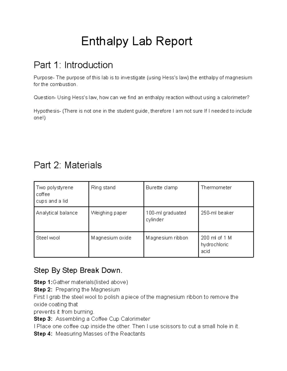 Enthalpy Lab Report (Chem 101): Investigating Magnesium Combustion ...