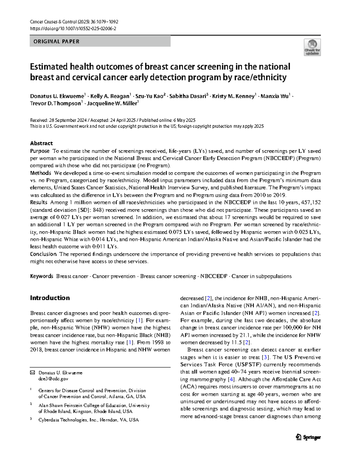 Estimated Health Outcomes of Breast Cancer Screening in NBCCEDP (2025 ...