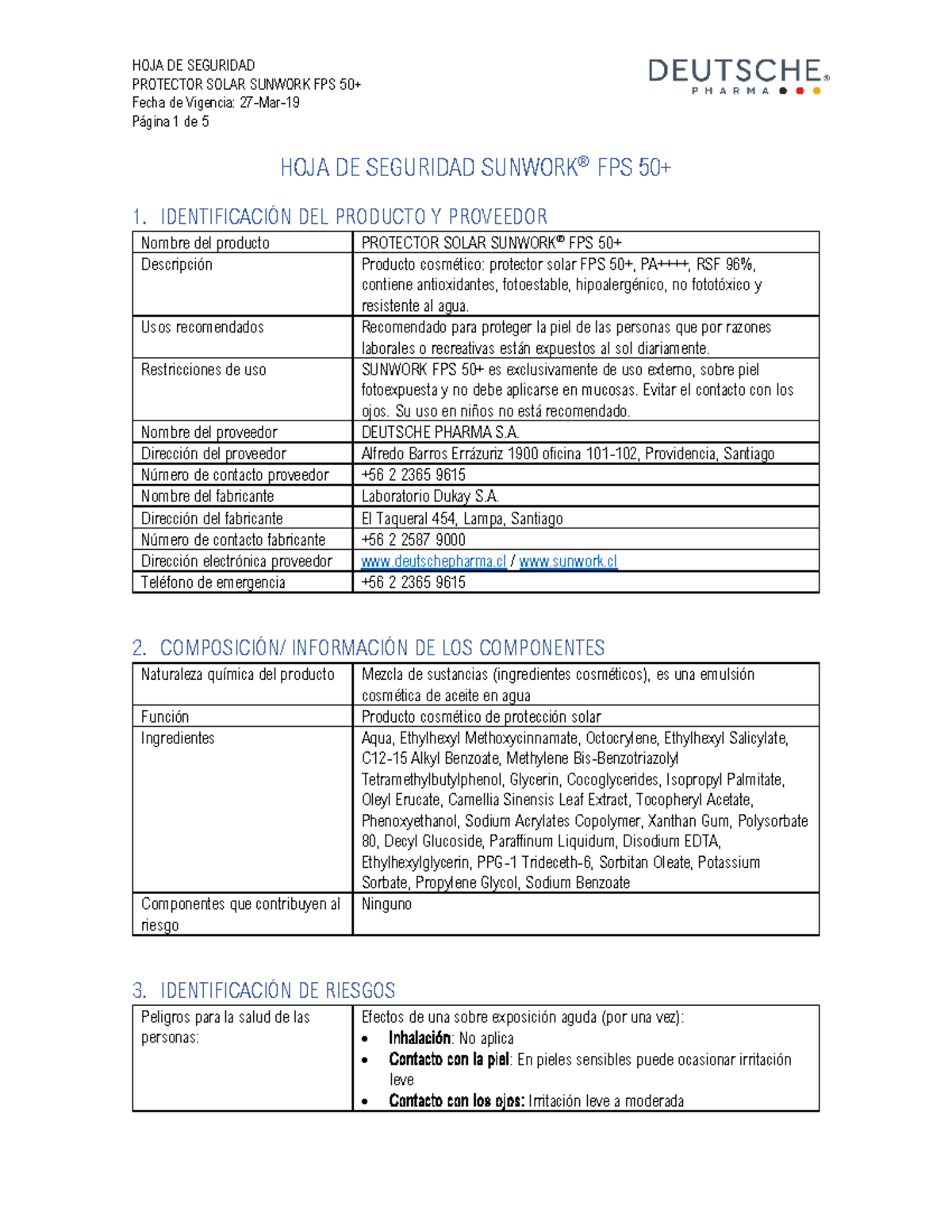 Hojas de Seguridad: Protector Solar Sunwork FPS HDS-2023 - Studocu