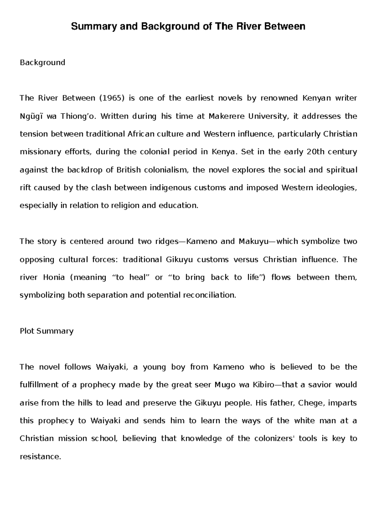 The River Between (ENG 101) Summary and Analysis of Themes and ...
