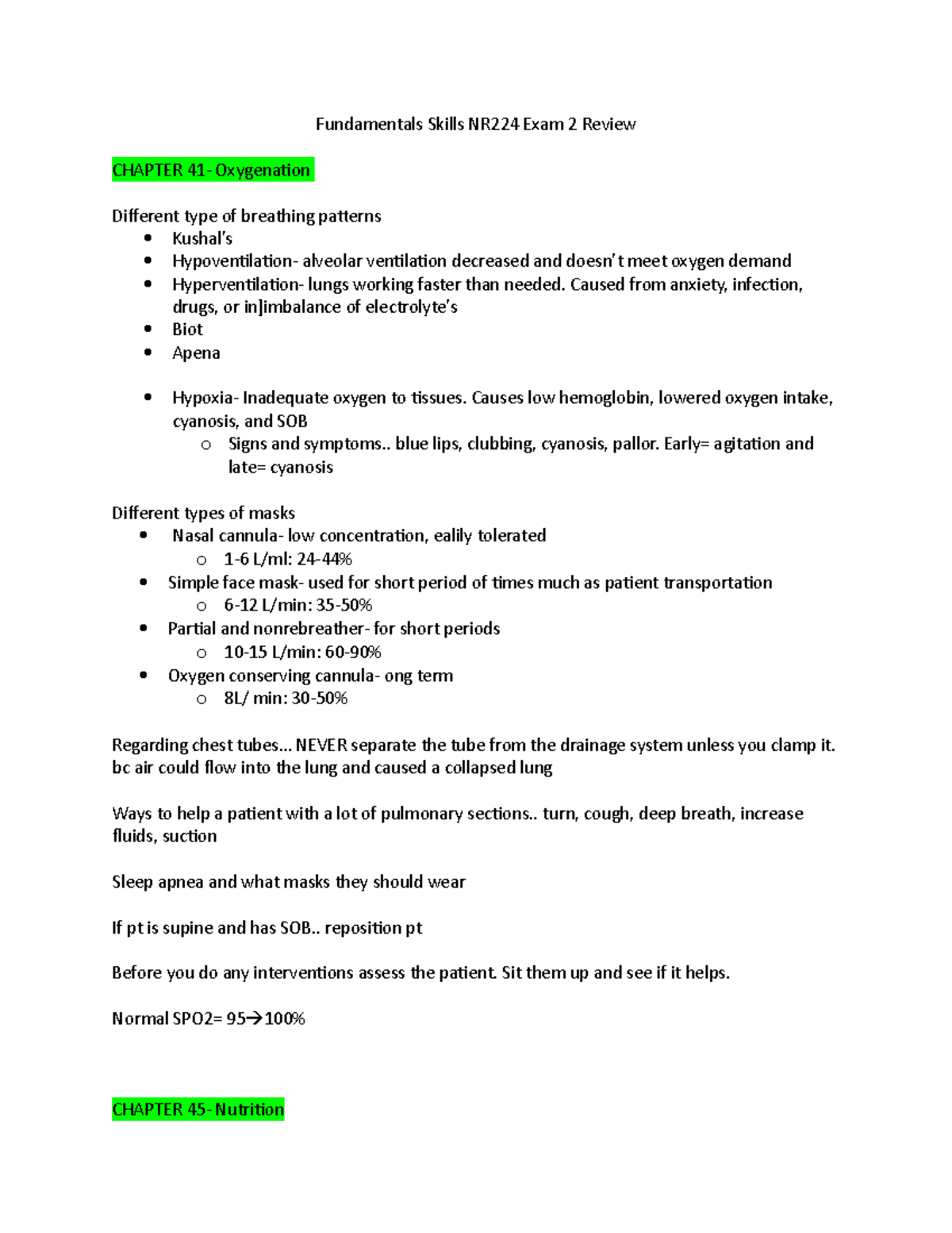 NR224 Exam 2 Review: Oxygenation, Nutrition, and Wound Care Essentials ...