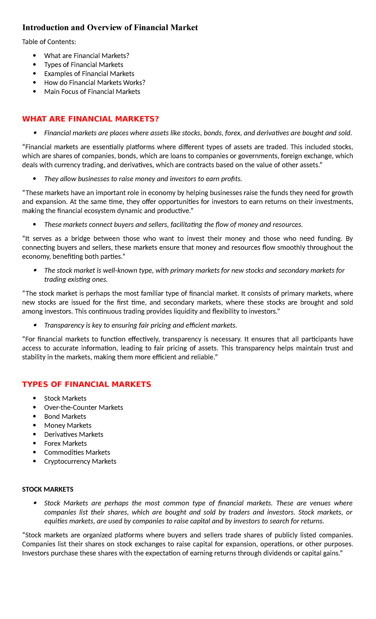 Financial Markets Overview: Types, Functions, and Importance - Studocu