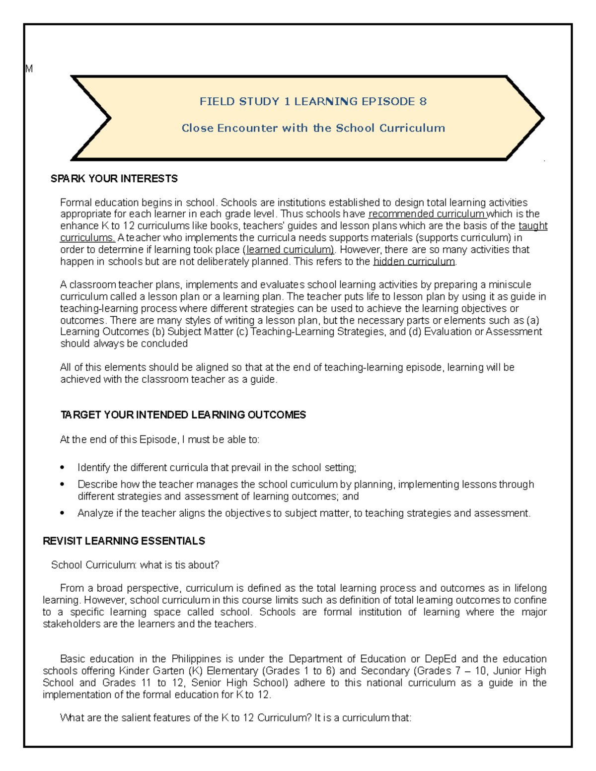 FS 1 - Episode 8 - Close Encounter with the School Curriculum - M SPARK ...