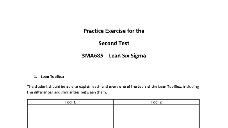 Practice Exercise for Test 02 - 3MA685 Lean Six Sigma - Studocu
