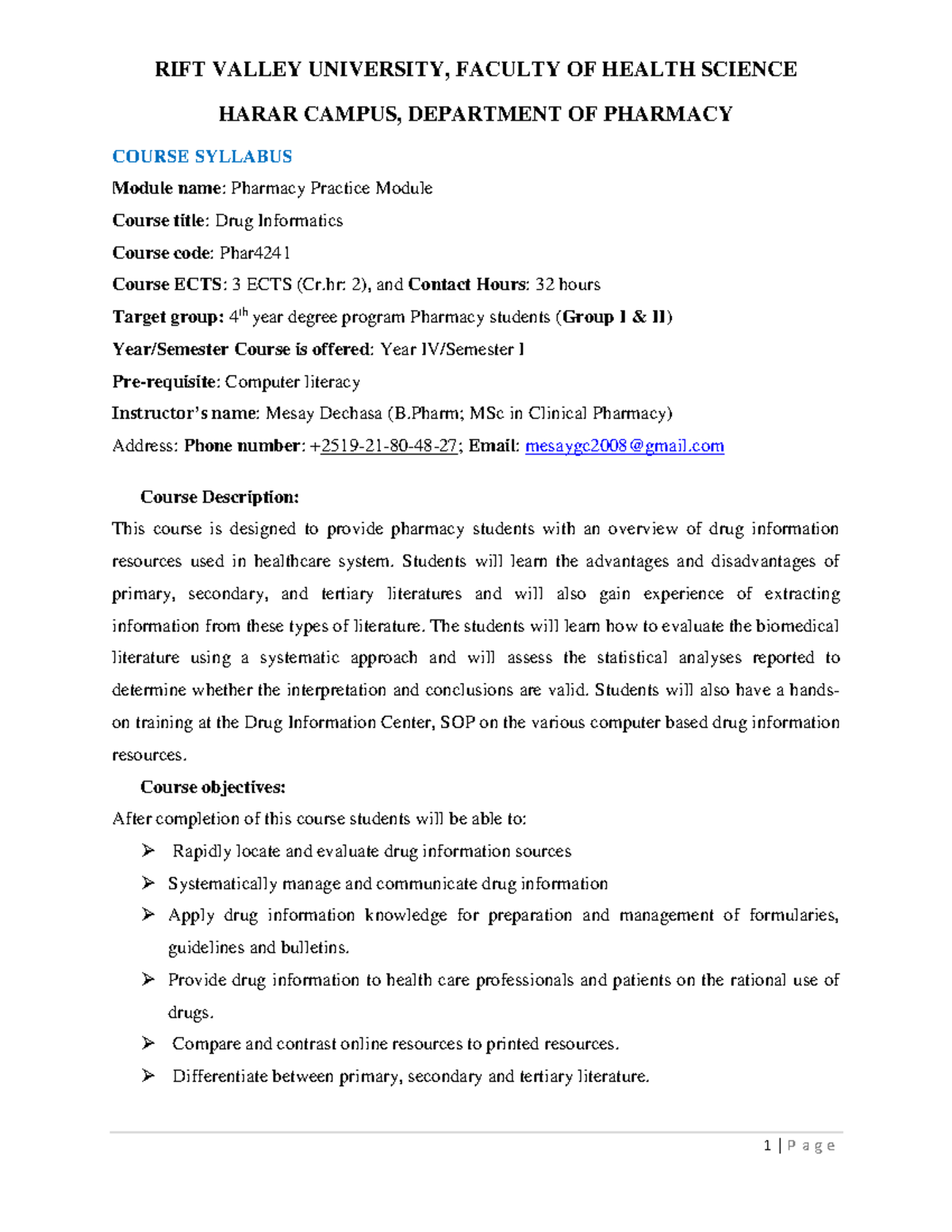 DI Course Syllabus and Session Plan - HARAR CAMPUS, DEPARTMENT OF ...