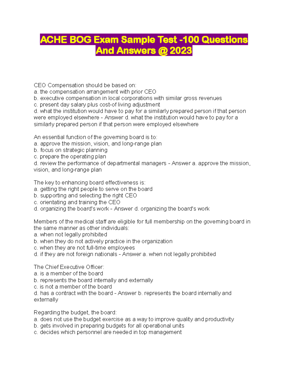 ACHE BOG Sample Test: 100 Questions & Answers for 2023 Exam - Studocu