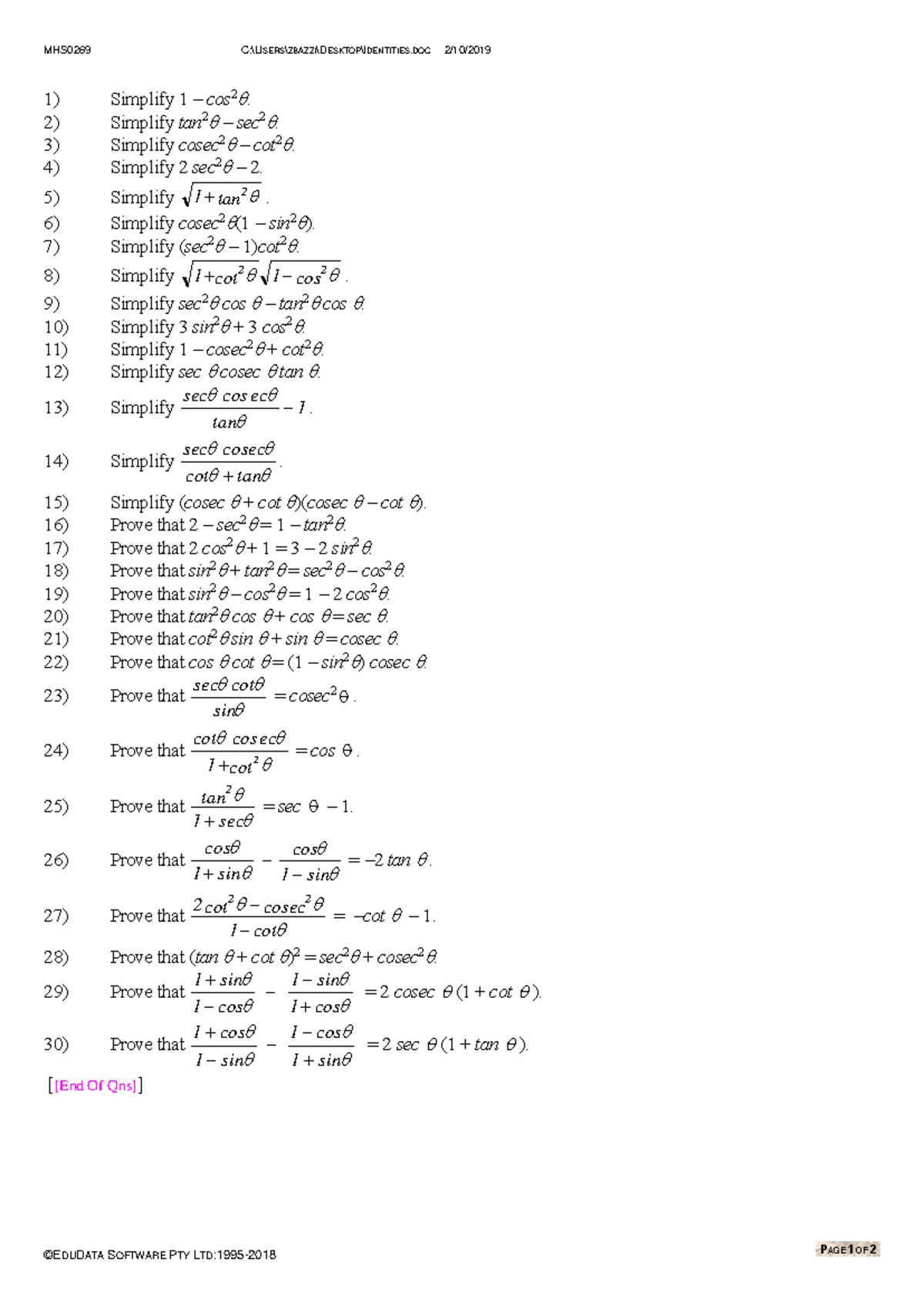 MHS0269 Identities - HYP Notes for Simplification and Proofs - Studocu