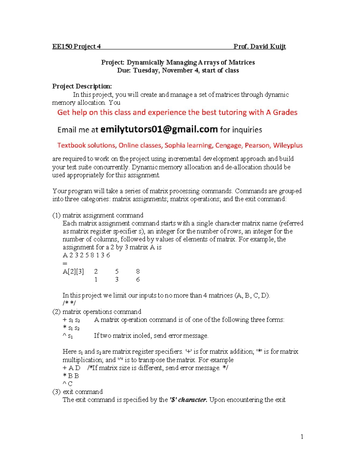 EE150 Project 4: Dynamic Memory Management for Matrices - Studocu