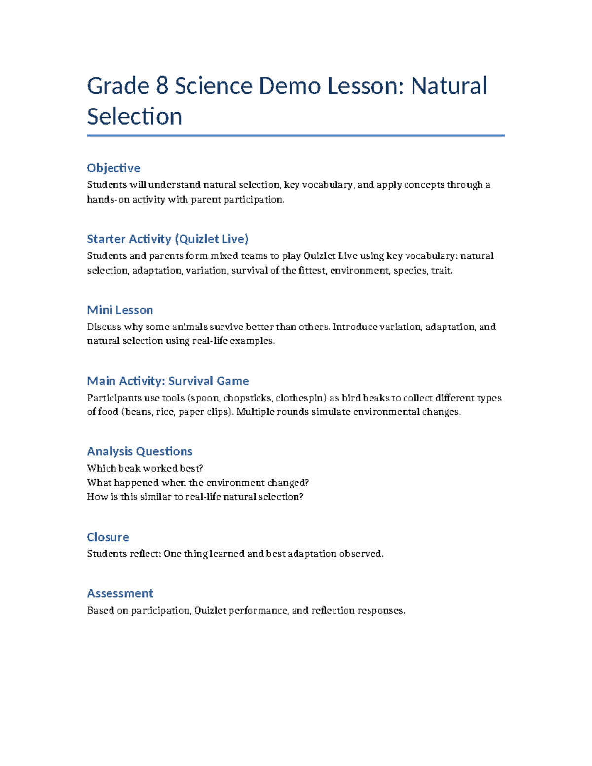 Grade 8 Science Demo Lesson: Understanding Natural Selection - Studocu