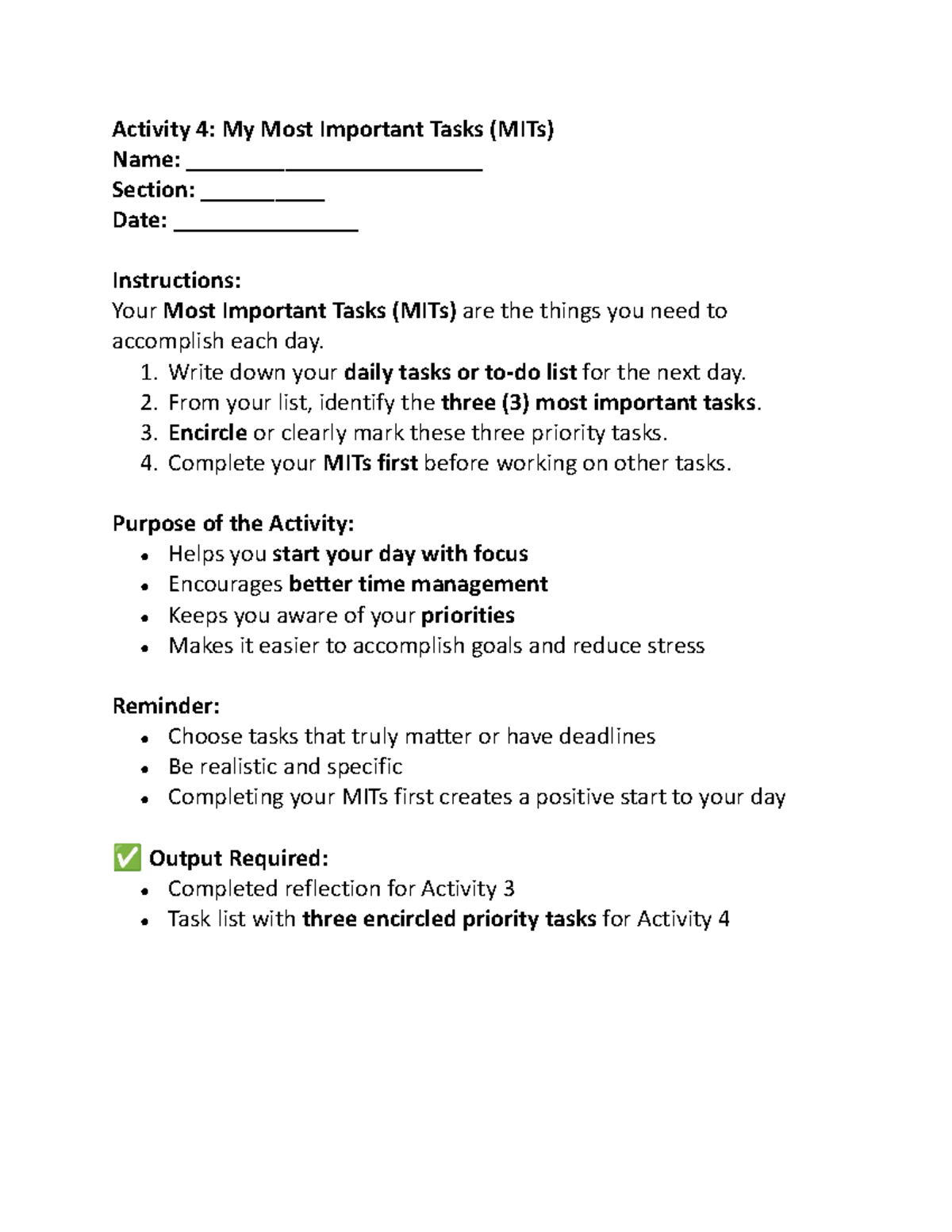 UTS - Activity 4: Identifying My Most Important Tasks (MITs) - Studocu