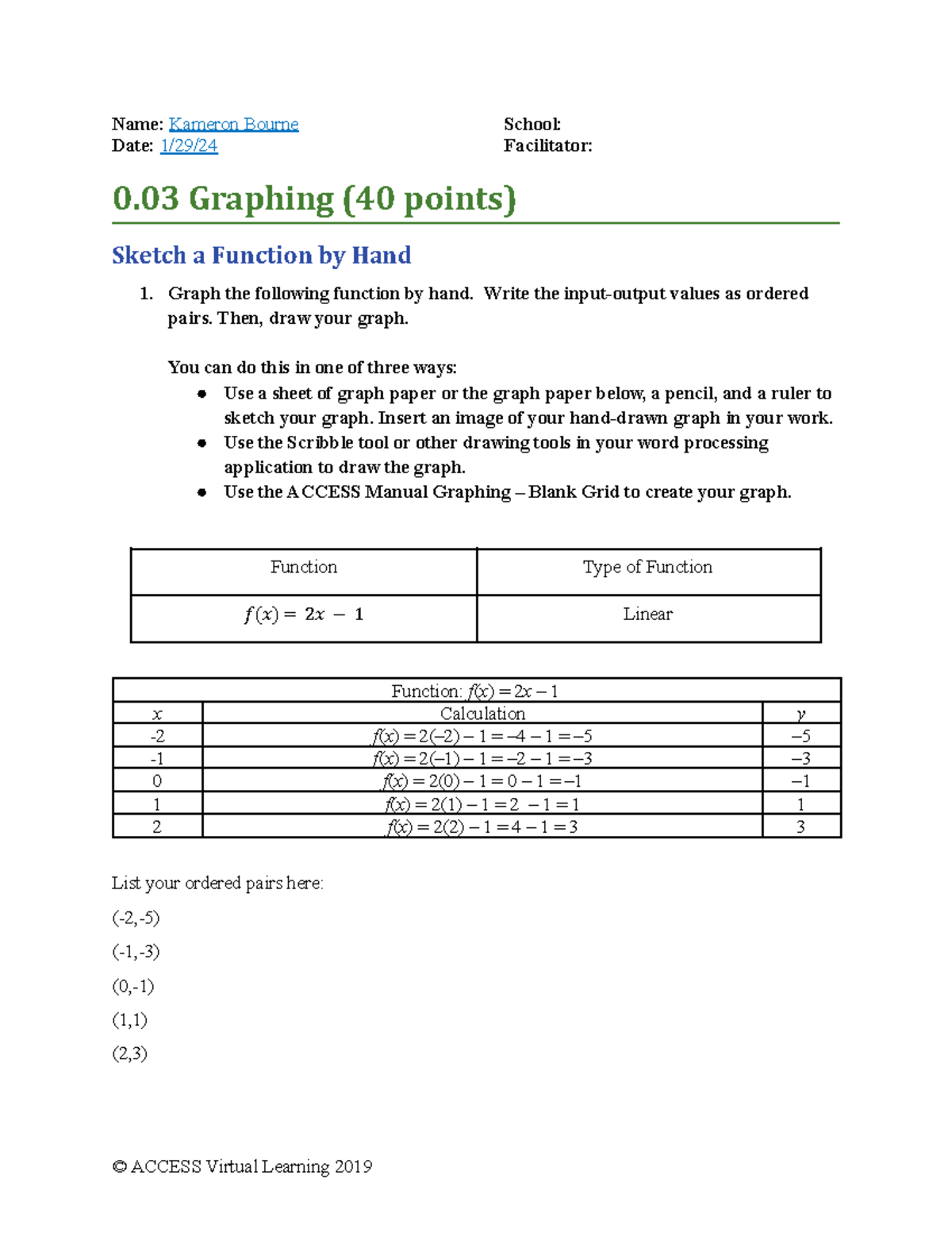 00-03 Task 1 - Graphing Linear Functions by Hand - Studocu