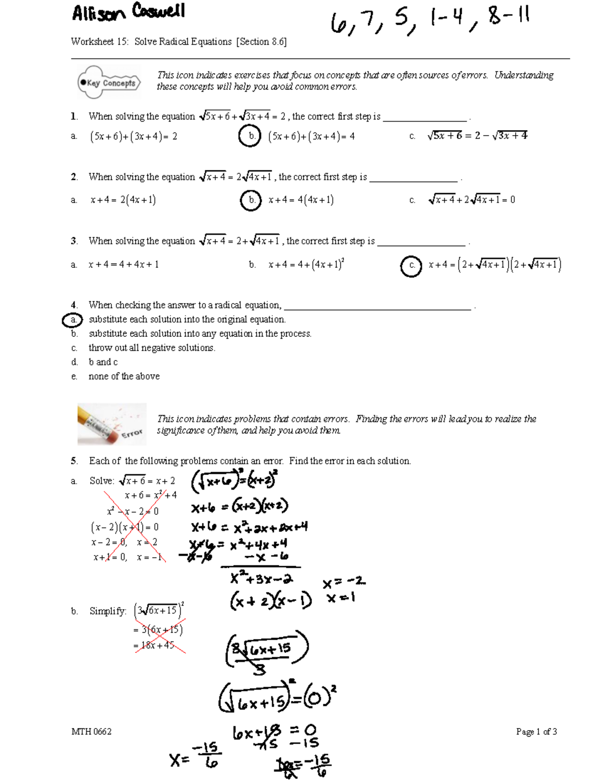 MTH 0662 Worksheet 15: Solving Radical Equations Fundamentals - Studocu