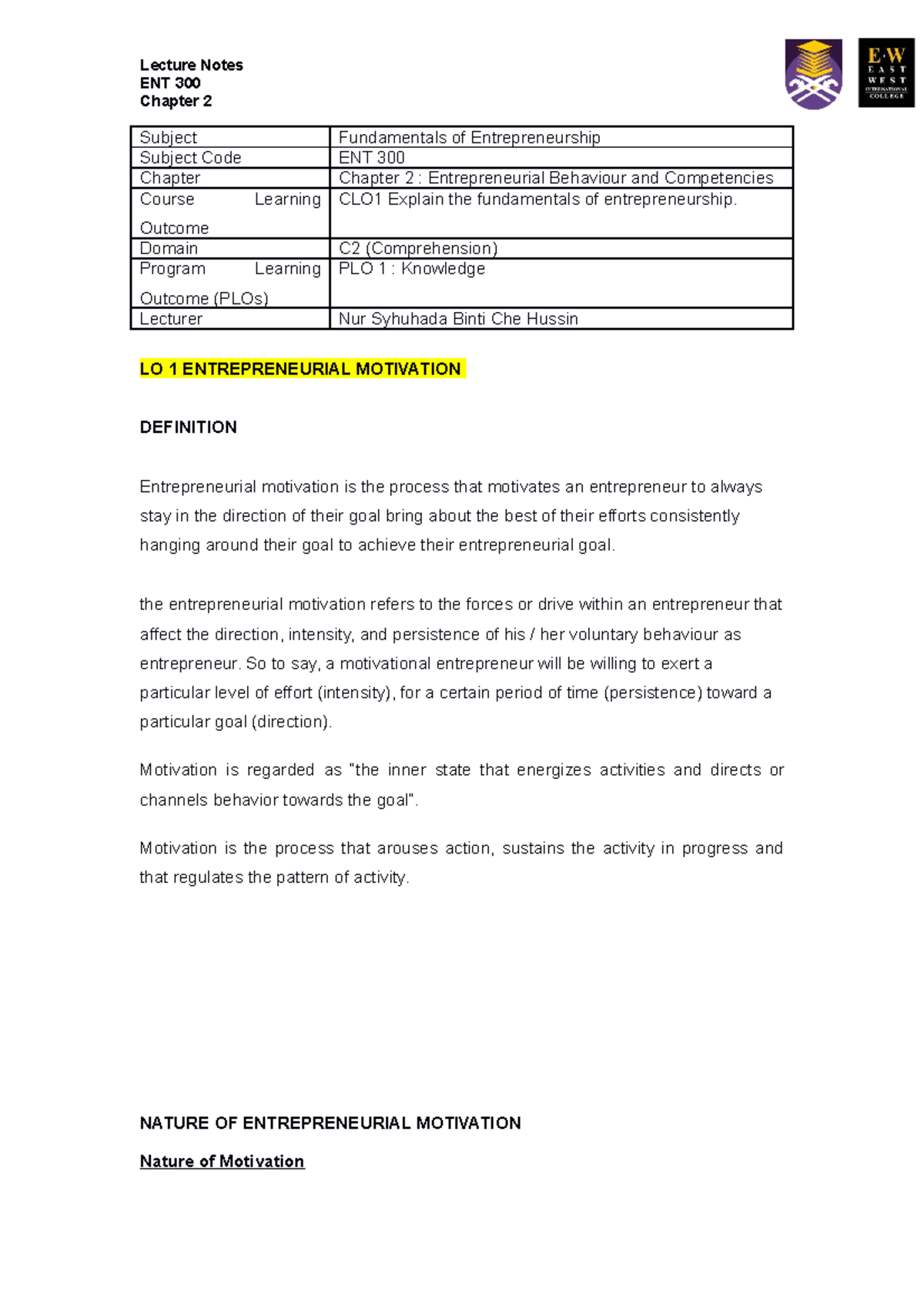 Lecture Notes on Entrepreneurial Behavior & Competencies - ENT 300 ...