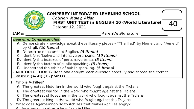 G10 ENGLISH 10 1st UNIT TEST - World Literature Exam - Studocu