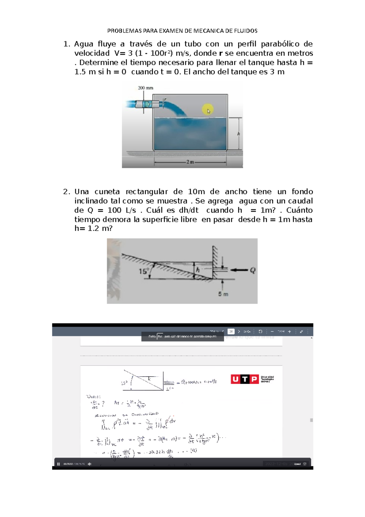 Pc final mecanica - PROBLEMAS PARA EXAMEN DE MECANICA DE FLUIDOS 1. Agua fluye a través de un ...