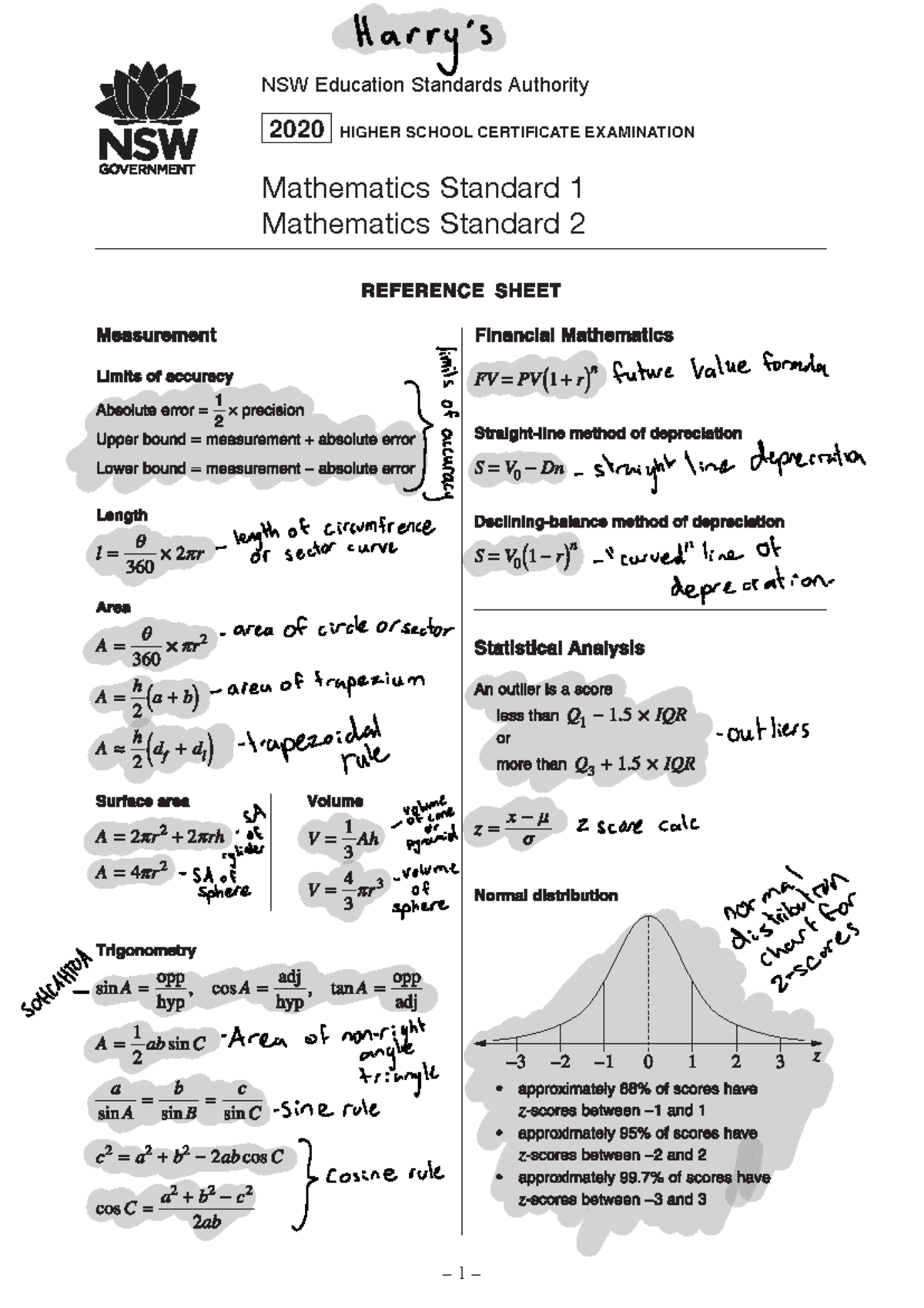 Mathematics standard 1 and 2 reference sheet nov 2019 - – 1 – NSW ...