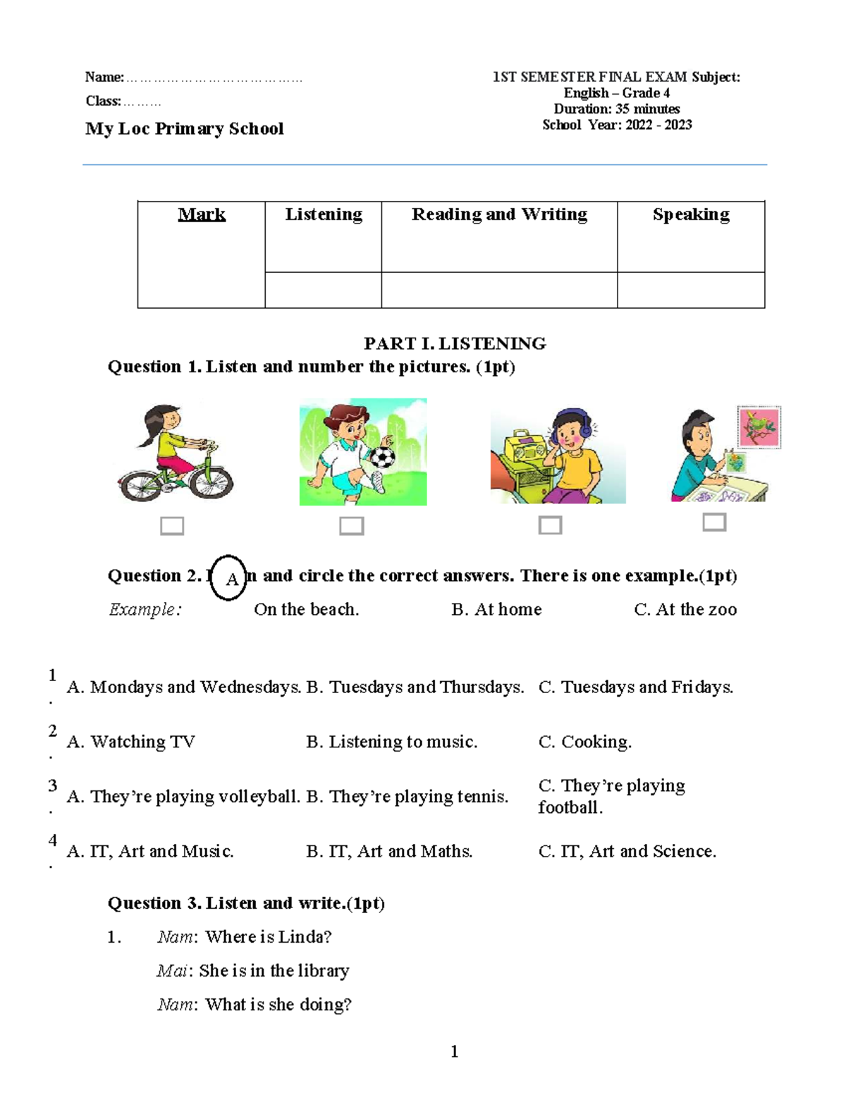 Grade 4 English 1st Semester Final Exam (2022-2023) - Studocu