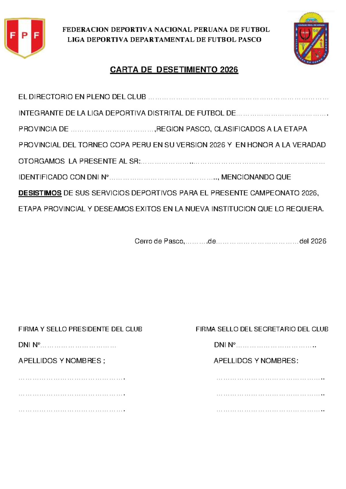CARTA DE DESISTIMIENTO 2026 - LIGA DEPORTIVA PASCO - Studocu