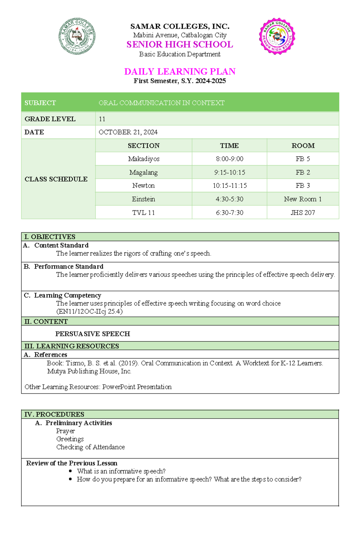 Persuasive Speech - Lesson Plan (Oral Comm 11) - Studocu
