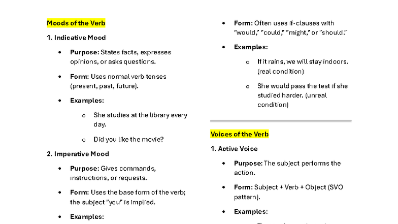 Moods, Voices, and Verbals: A Comprehensive Review Guide - Studocu