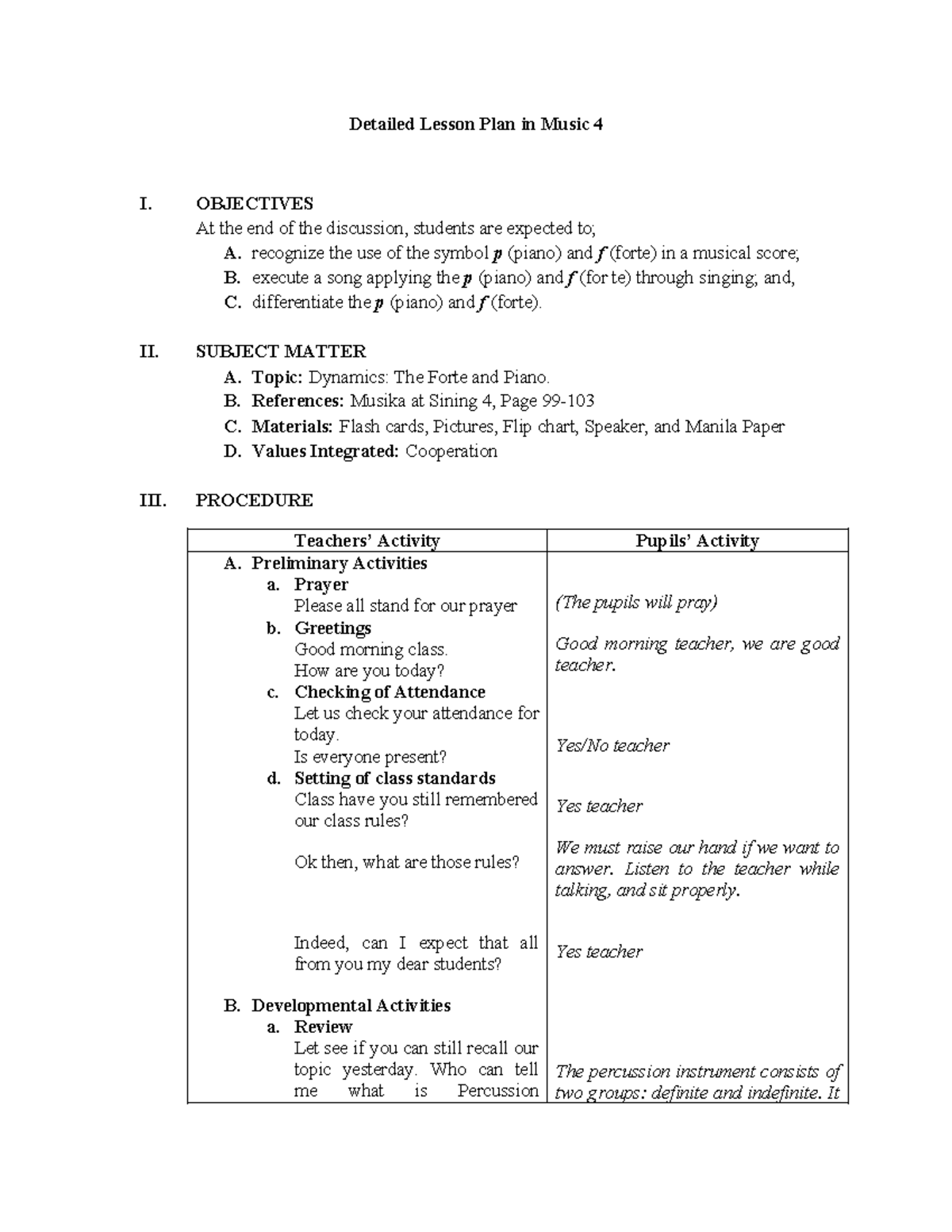 610585551 Lesson Plan in Music 4: Exploring Dynamics (Piano & Forte ...