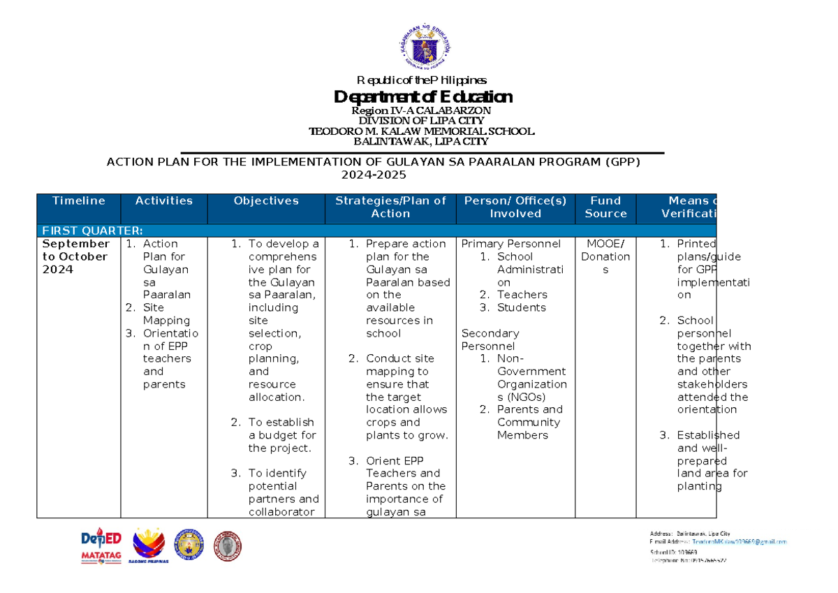 Tmkms - Gulayansapaaralan - Action Plan 2024-2025 for Students - Studocu