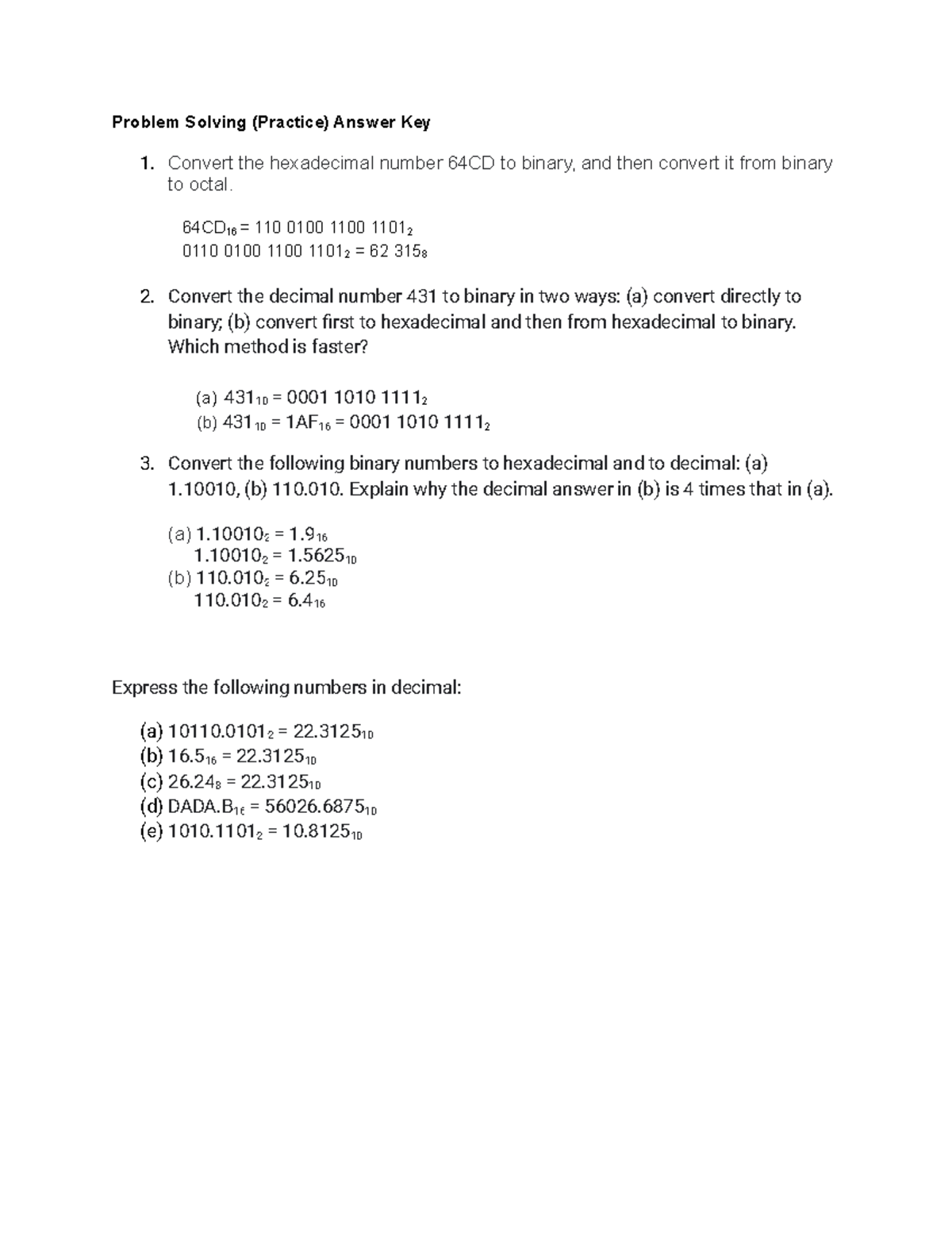 Problem Solving (Practice) Answer Key - Conversions and Explanations ...