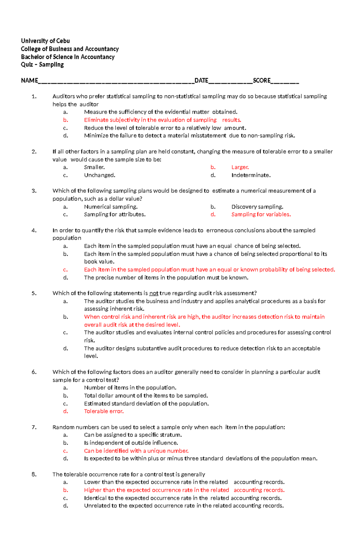 Quiz - Sampling Techniques (BS Accountancy - UC) - Studocu