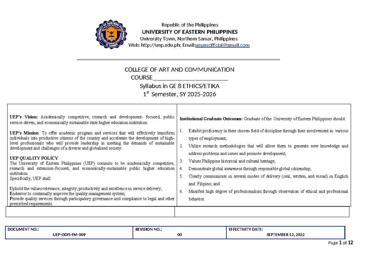 Syllabus for GE 8: Ethics - 1st Semester 2025-2026 - Studocu