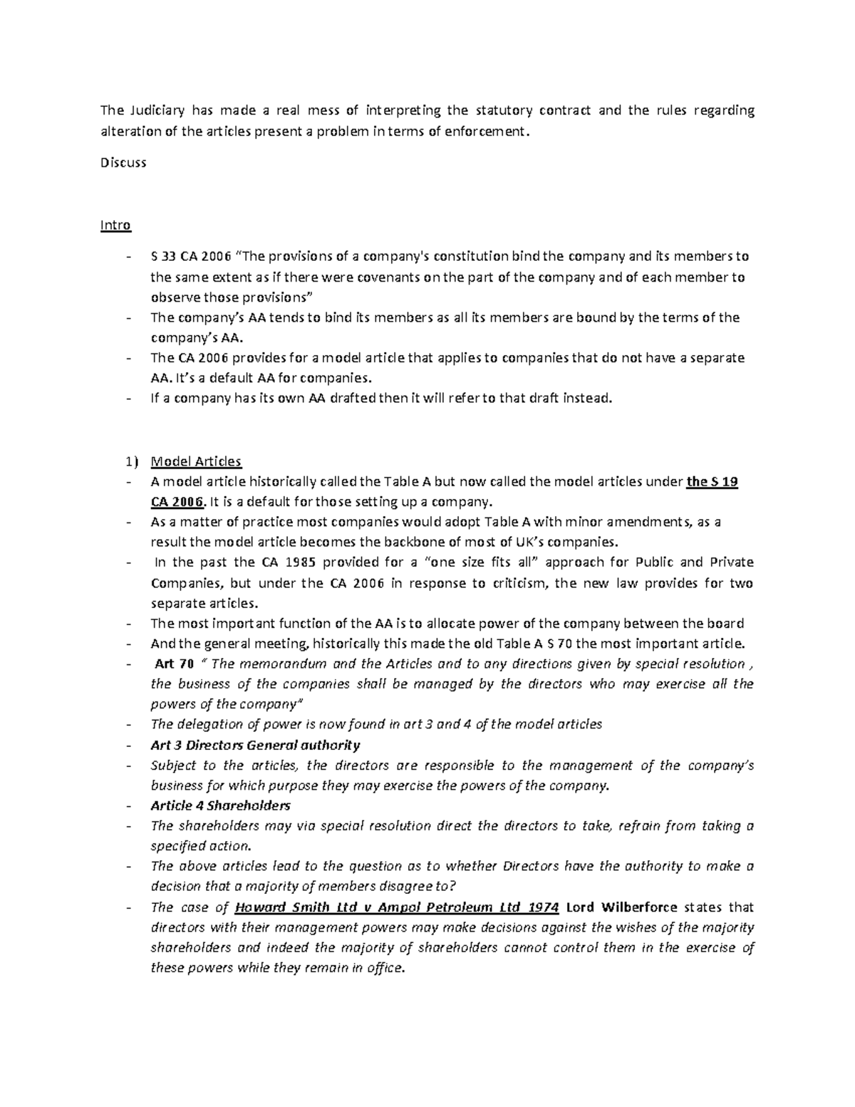 AA Essay: Analyzing the Statutory Contract and Articles Alteration ...