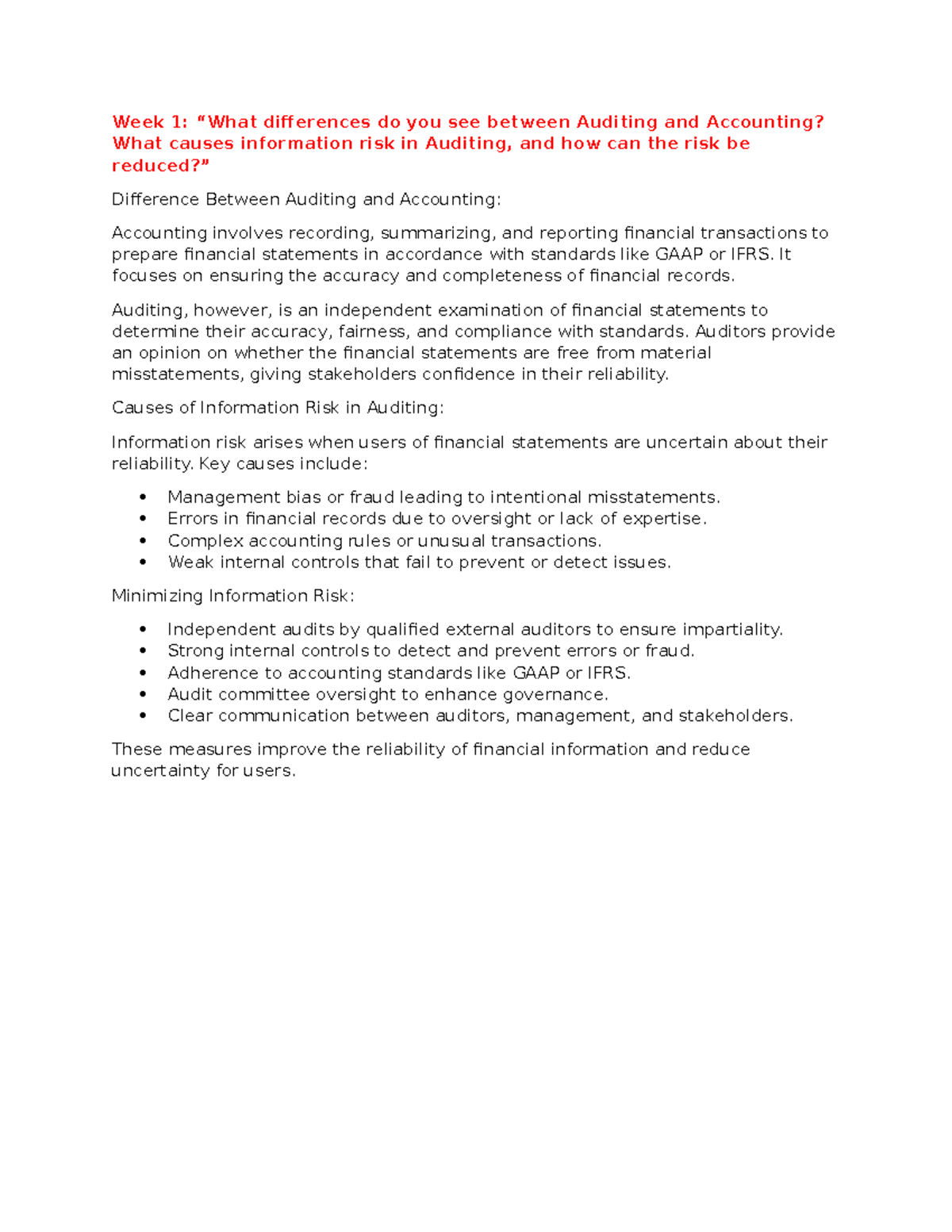 Week 1: Differences Between Auditing & Accounting and Info Risk - Studocu