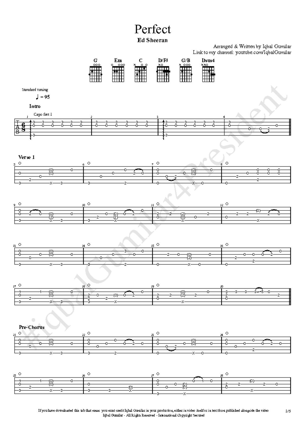 Perfect Ed Sheeran Guitar Tab Arrangement - G Em C Dsus4 - Studeersnel