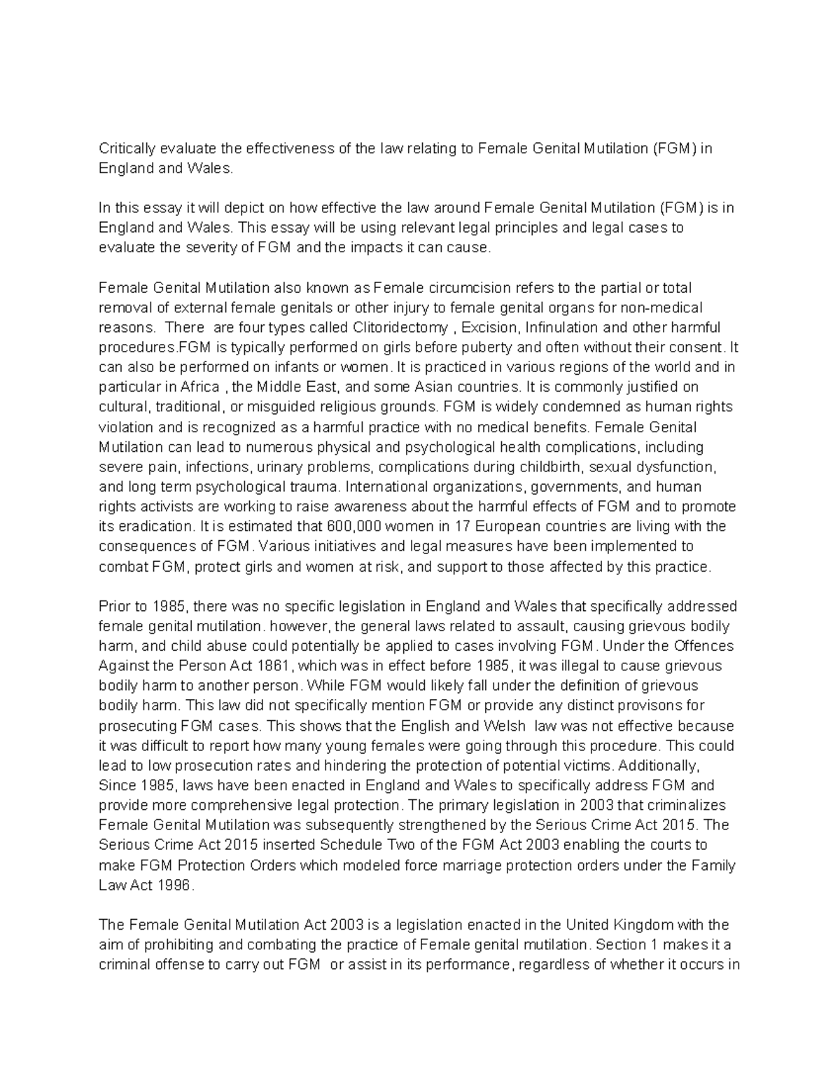 FGM Law Effectiveness: Evaluation in England and Wales Context - Studocu