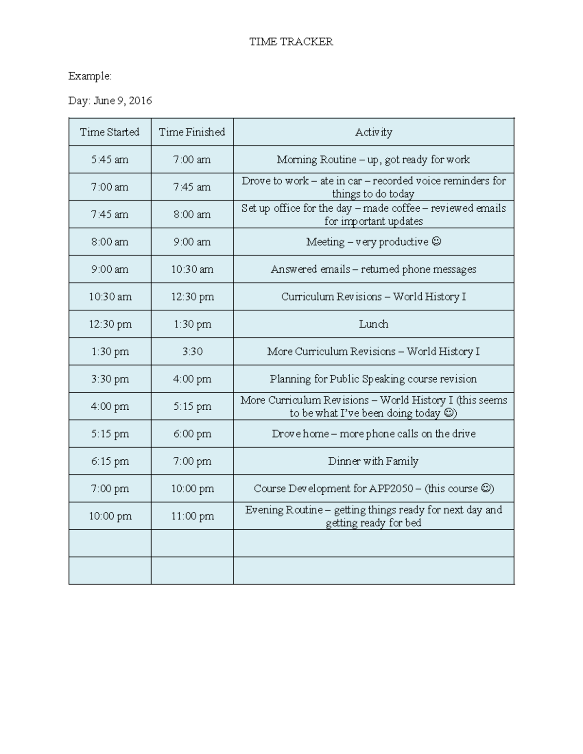 Time Tracker Worksheet for Daily Activities and Course Planning - Studocu