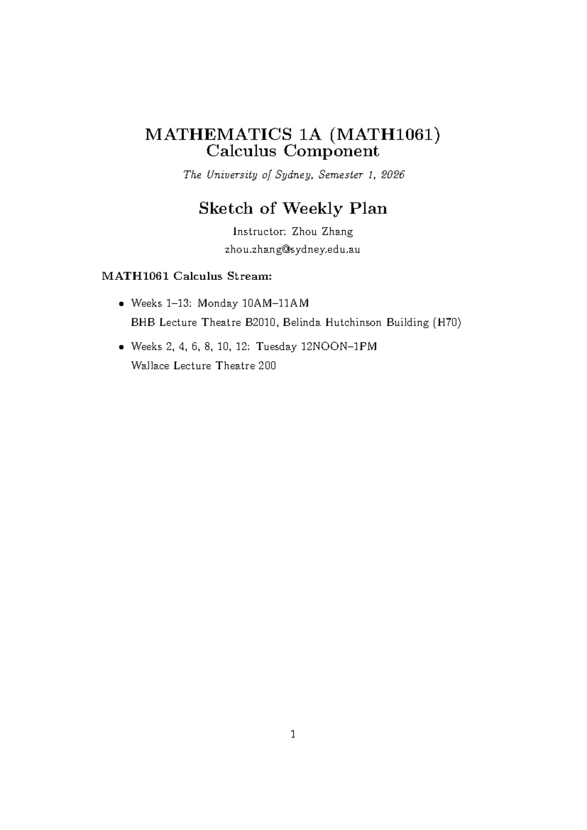 MATH1061 Calculus Weekly Plan Overview - Semester 1, 2026 - Studocu