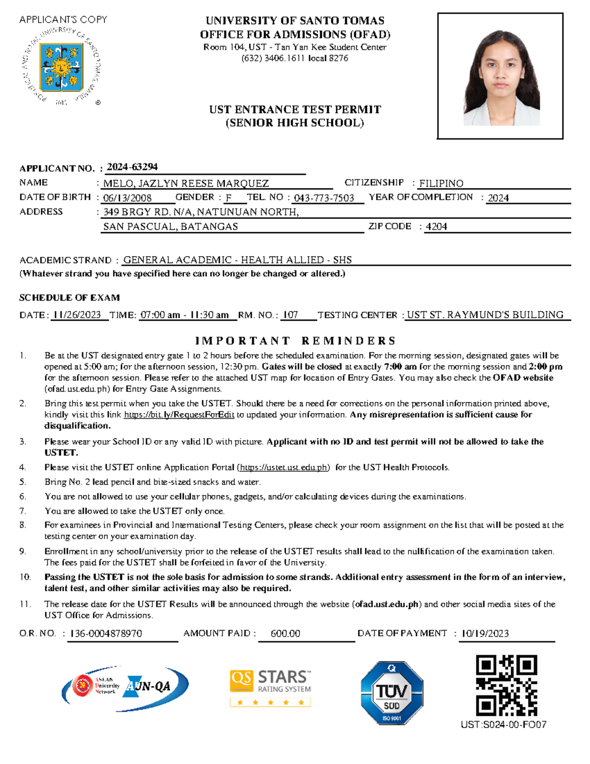 USTET Entrance Exam Permit - Important Details and Instructions - Studocu